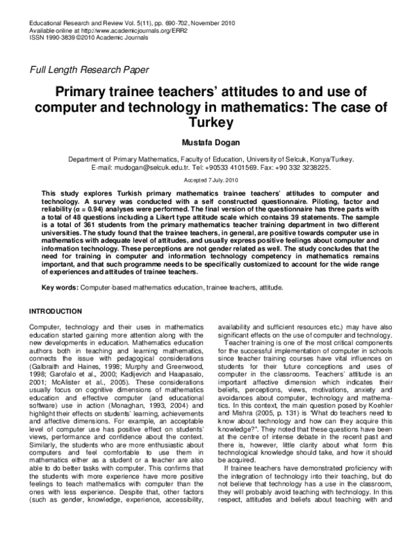 (PDF) Primary trainee teachers' attitudes to and use of computer and technology in mathematics ...
