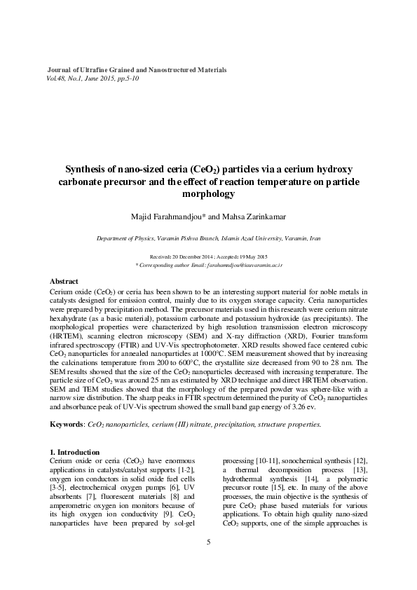 (PDF) Synthesis of nano-sized ceria (CeO2) particles via a cerium ...