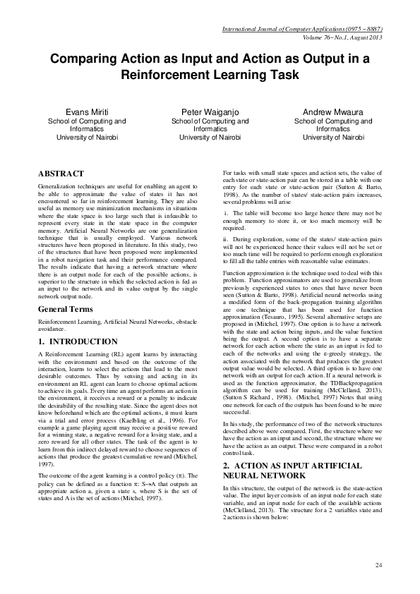 (PDF) Comparing Action as Input and Action as Output in a Reinforcement Learning Task | Andrew ...