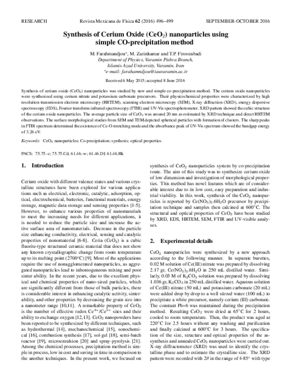(PDF) Synthesis of Cerium Oxide (CeO2) nanoparticles using simple CO-precipitation method