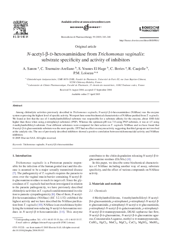 (PDF) N-acetyl-β-d-hexosaminidase from Trichomonas vaginalis: substrate ...