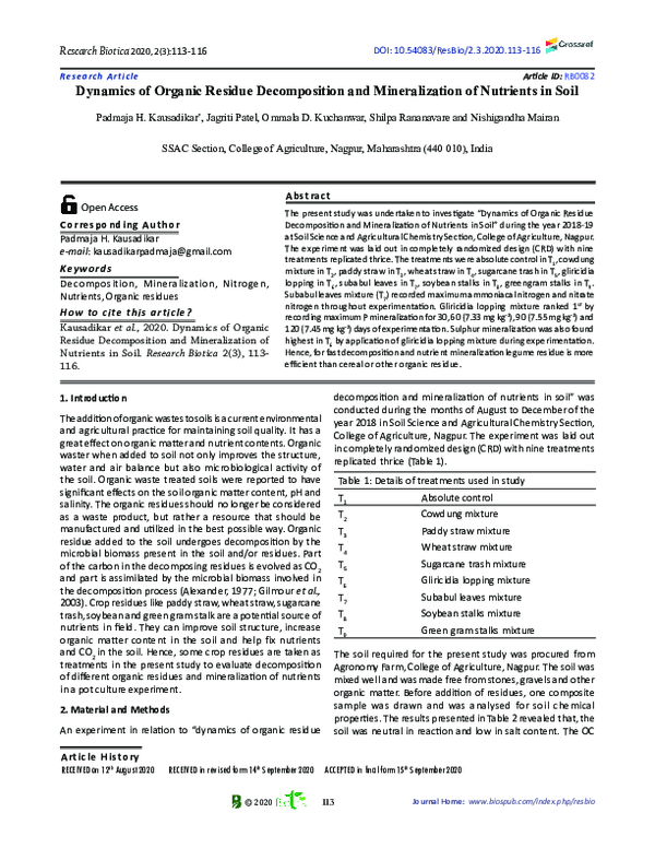(PDF) Dynamics of Organic Residue Decomposition and Mineralization of Nutrients in Soil