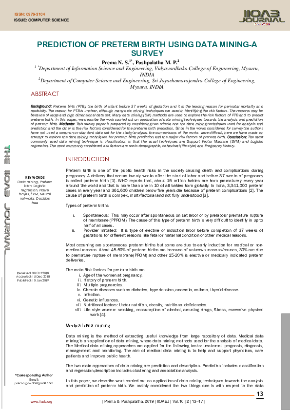 (PDF) PREDICTION OF PRETERM BIRTH USING DATA MINING-A SURVEY Prema