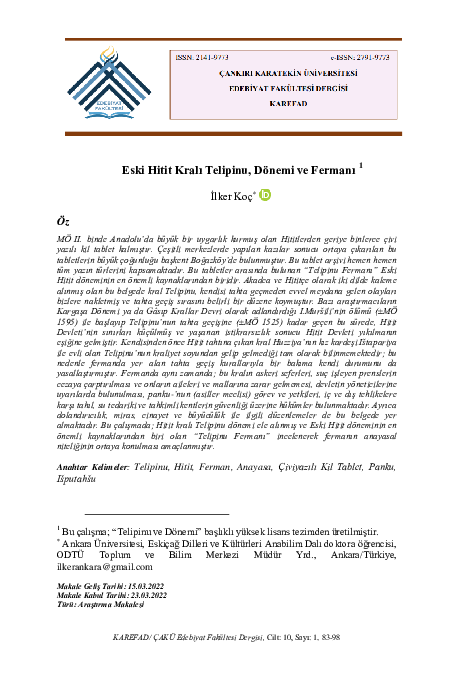 (PDF) Eski Hitit Kralı Telipinu, Dönemi ve Fermanı