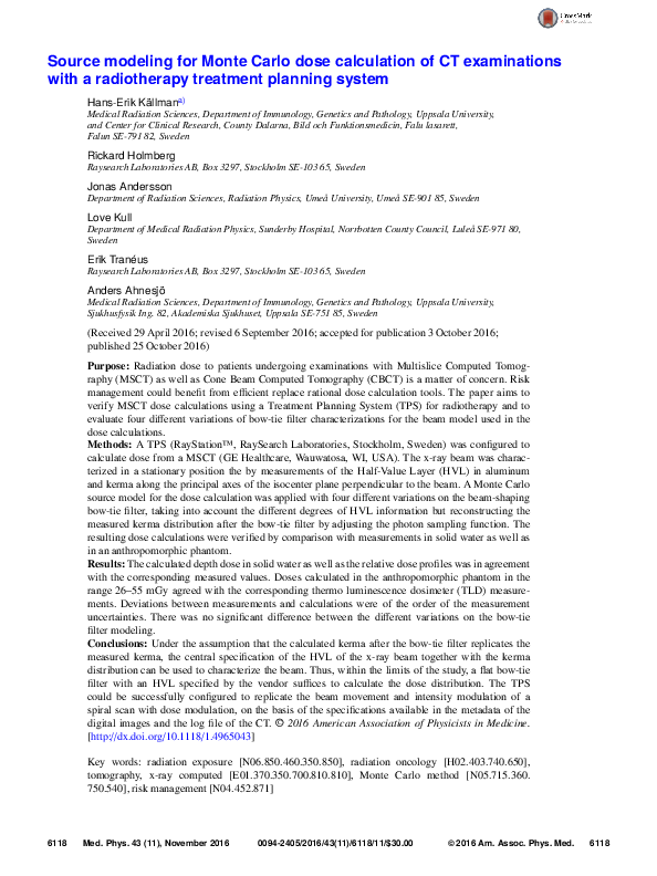Pdf Source Modeling For Monte Carlo Dose Calculation Of Ct Examinations With A Radiotherapy