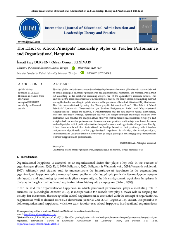 (PDF) The Effect of School Principals' Leadership Styles on Teacher Performance and ...