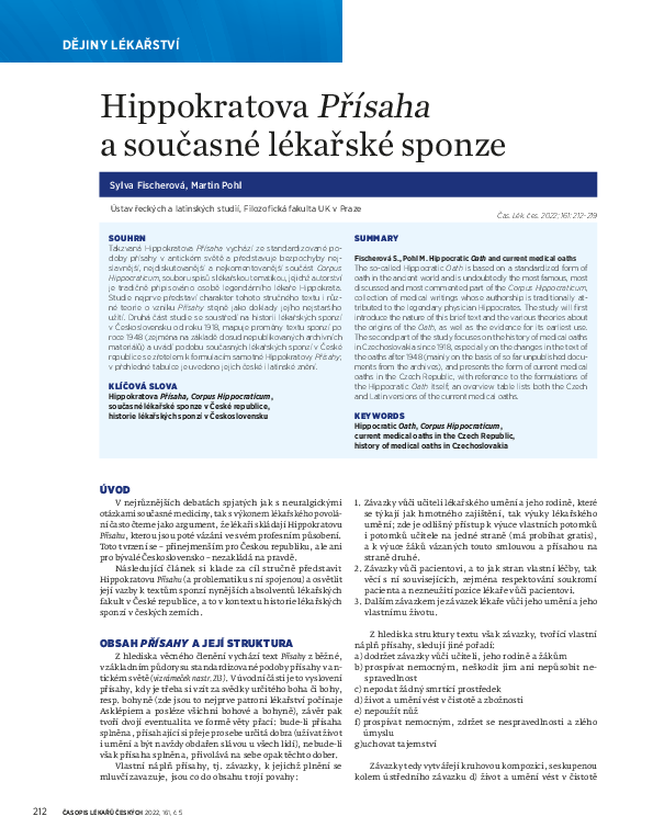 (PDF) Hippokratova přísaha a současné lékařské sponze