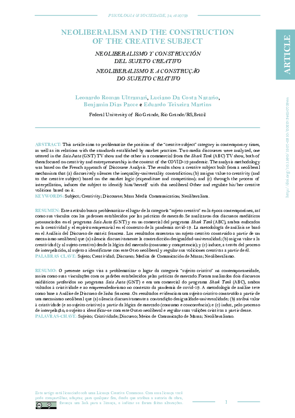(PDF) Neoliberalism and the Construction of the Creative Subject