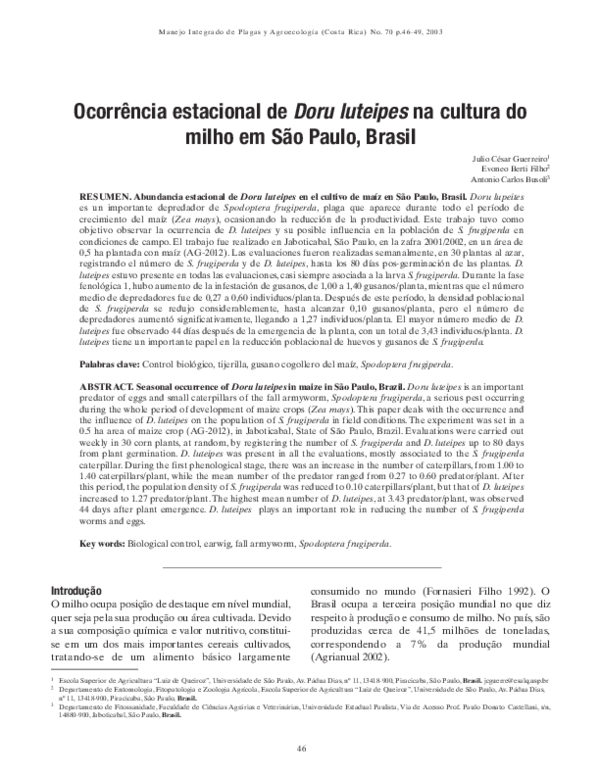 (PDF) Ocorrência estacional de Doru luteipes na cultura do milho em São ...