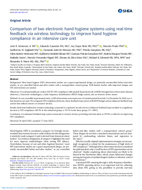 (PDF) Comparison of two electronic hand hygiene systems using real-time ...