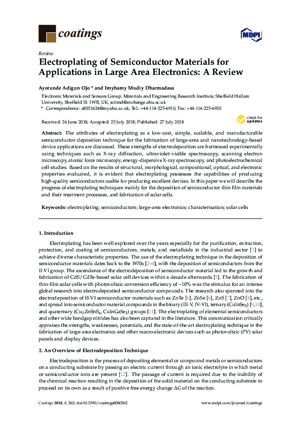 (PDF) Electroplating of Semiconductor Materials for Applications in Large Area Electronics: A Review