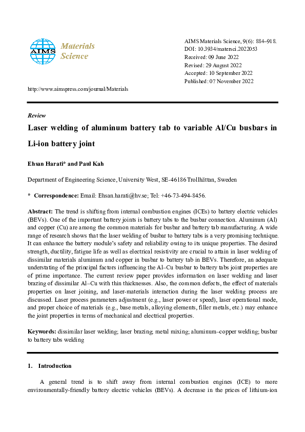 (PDF) Laser welding of aluminum battery tab to variable Al/Cu busbars ...