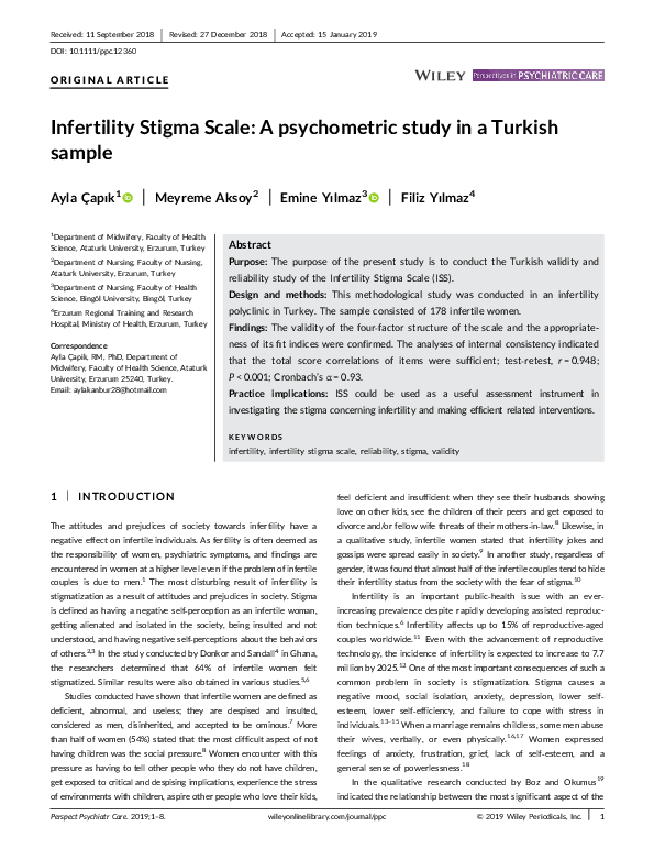 (PDF) Infertility Stigma Scale: A psychometric study in a Turkish sample