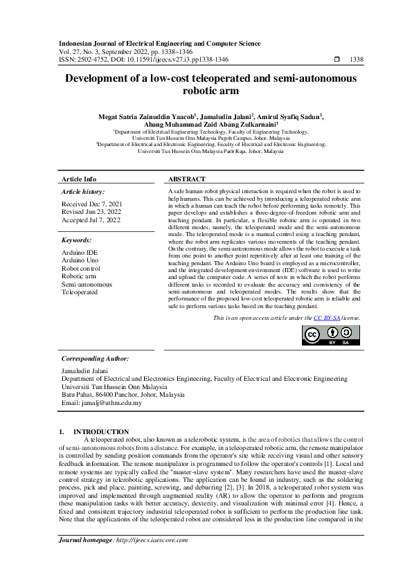 (PDF) Development of a low-cost teleoperated and semi-autonomous robotic arm