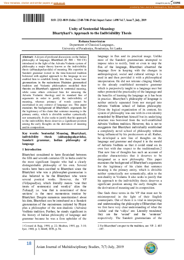 (PDF) Unity of Sentential Meaning: Bhartṛhari's Approach to the ...