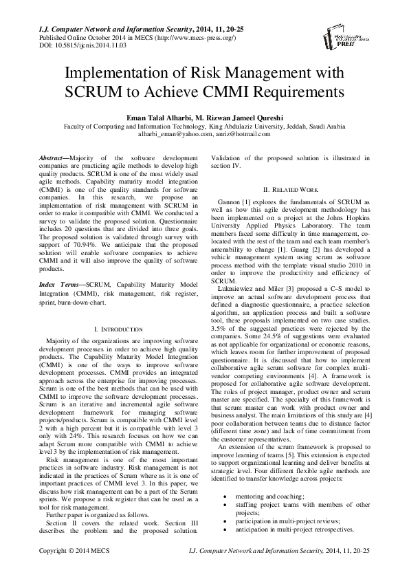 (PDF) Implementation of Risk Management with SCRUM to Achieve CMMI Requirements