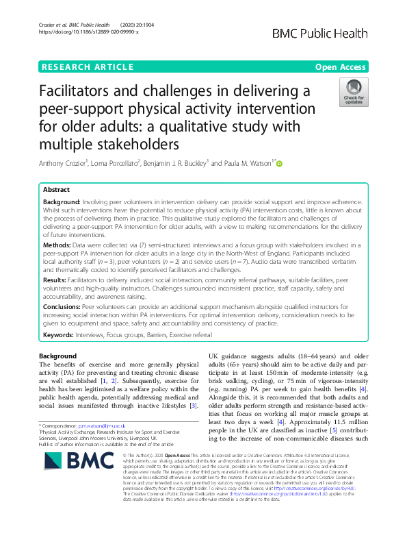(PDF) Facilitators and challenges in delivering a peer-support physical activity intervention ...