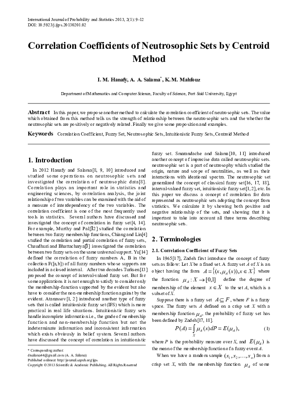 (PDF) Correlation Coefficients of Neutrosophic Sets by Centroid Method