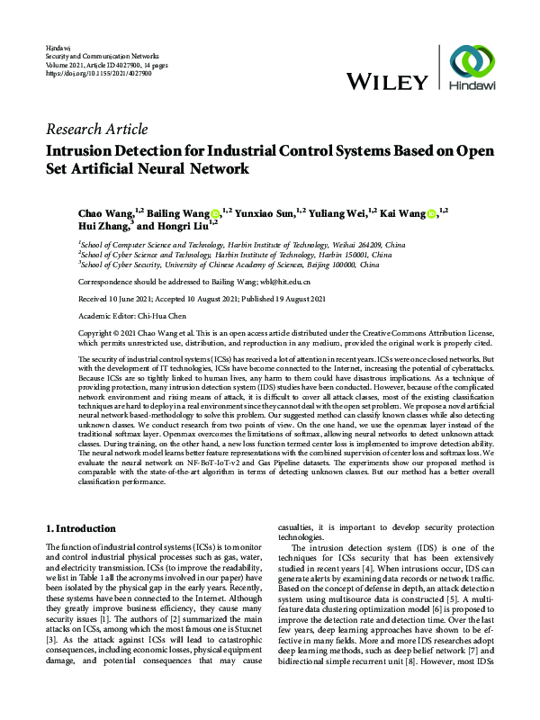 Pdf Intrusion Detection For Industrial Control Systems Based On Open Set Artificial Neural Network