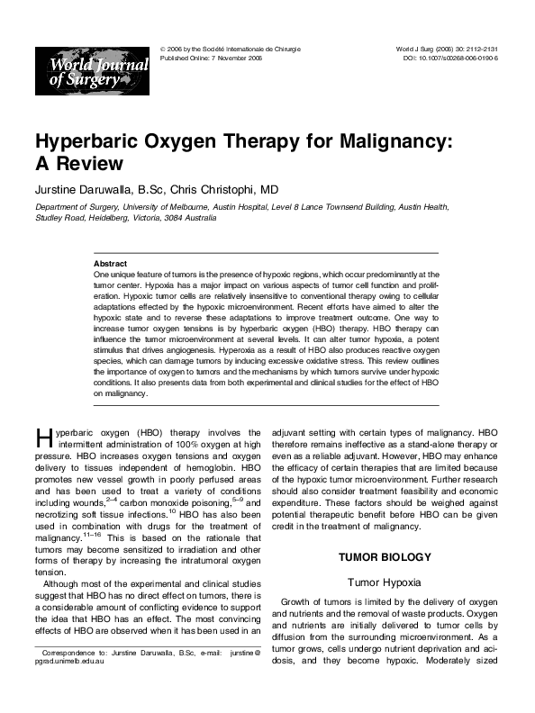 (PDF) Impact of Hyperbaric Oxygen on Tumor Hypoxia