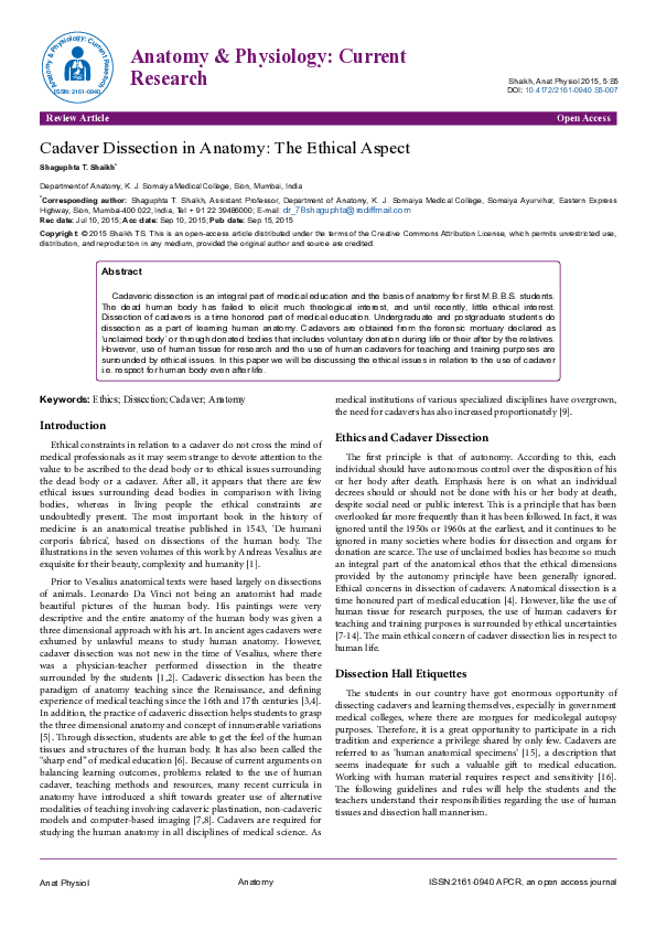(PDF) Cadaver Dissection in Anatomy: The Ethical Aspect