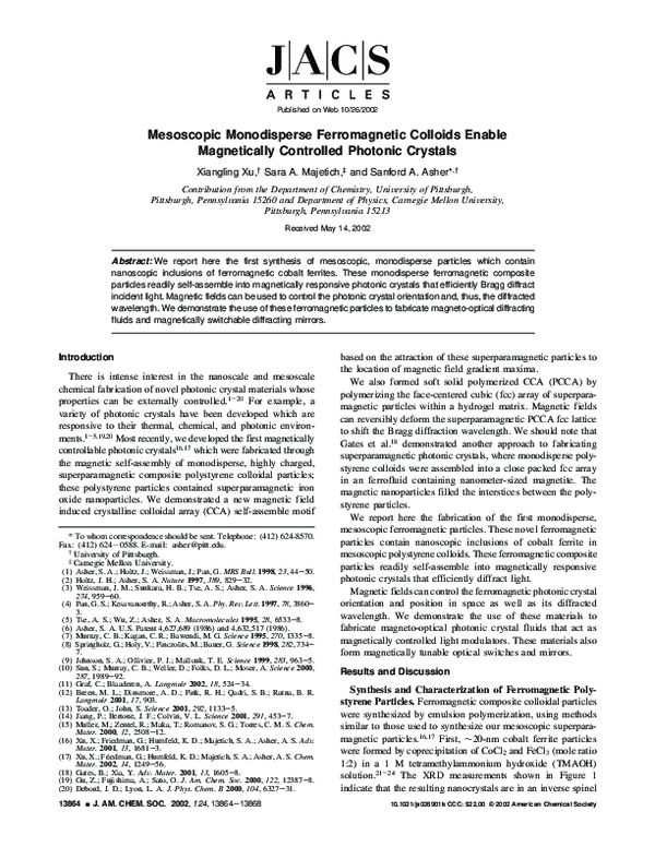 (PDF) Mesoscopic Monodisperse Ferromagnetic Colloids Enable Magnetically Controlled Photonic ...