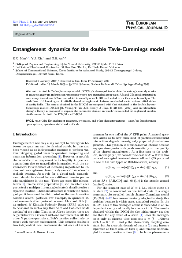 (PDF) Entanglement dynamics for the double Tavis-Cummings model
