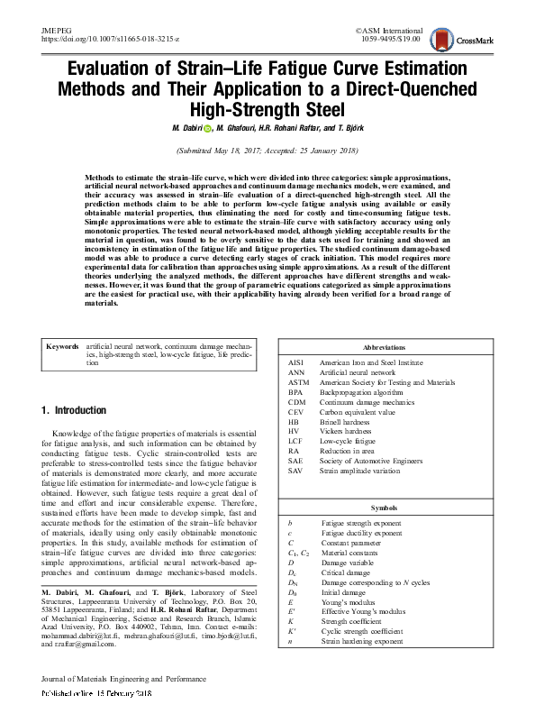 (PDF) Evaluation of Strain–Life Fatigue Curve Estimation Methods and ...