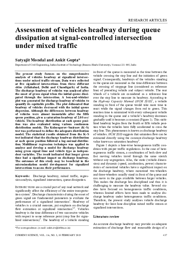(PDF) Assessment of Vehicles Headway during Queue Dissipation at Signal-Controlled Intersection ...