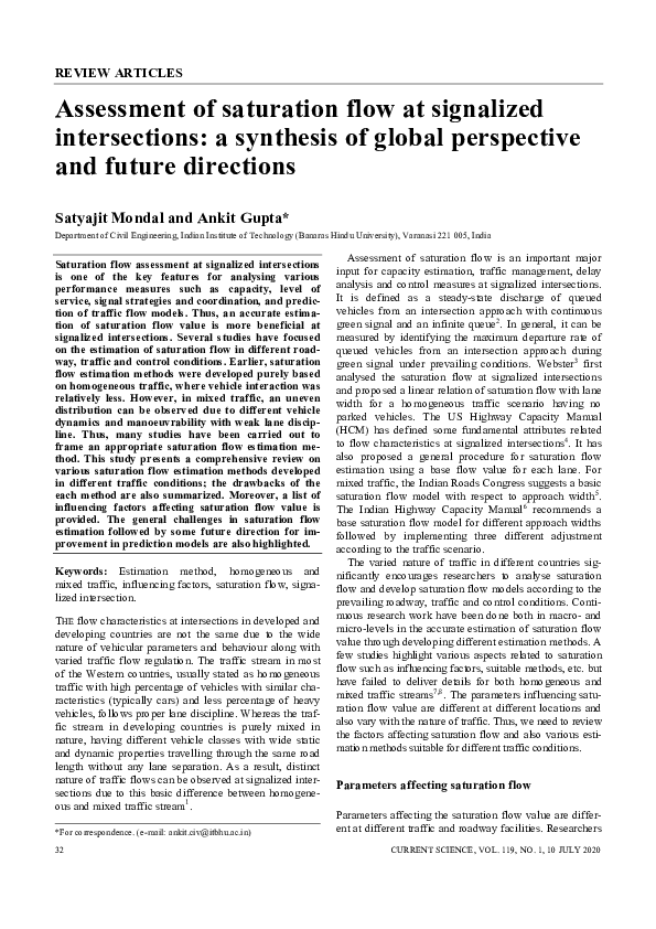 Pdf Assessment Of Saturation Flow At Signalized Intersections A Synthesis Of Global