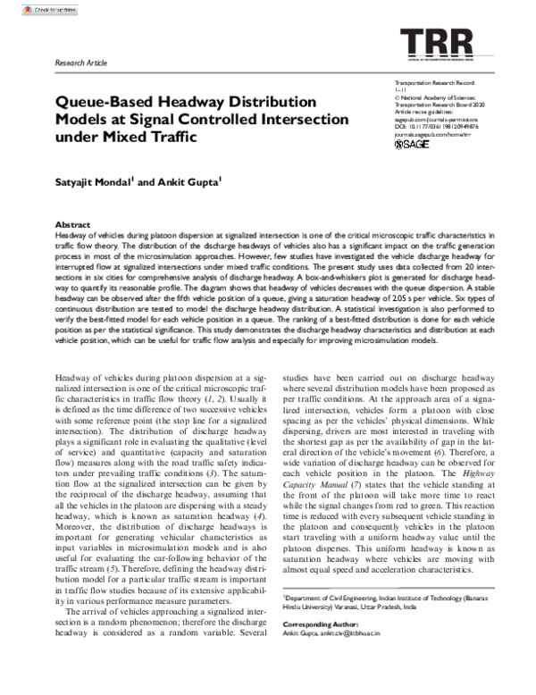 Pdf Queue Based Headway Distribution Models At Signal Controlled Intersection Under Mixed Traffic