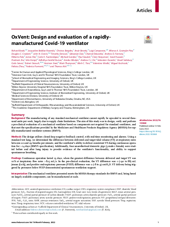 (PDF) OxVent: Design and evaluation of a rapidly-manufactured Covid-19 ...