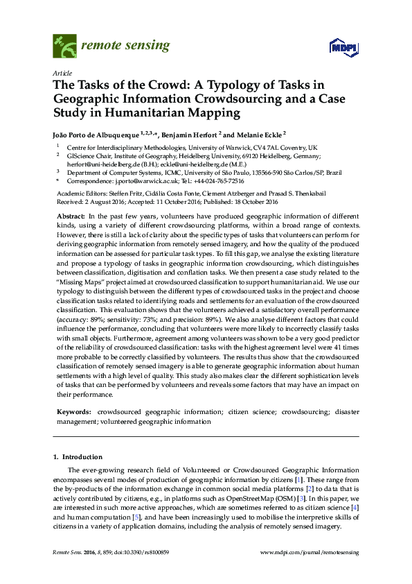 (PDF) The Tasks of the Crowd: A Typology of Tasks in Geographic Information Crowdsourcing and a ...