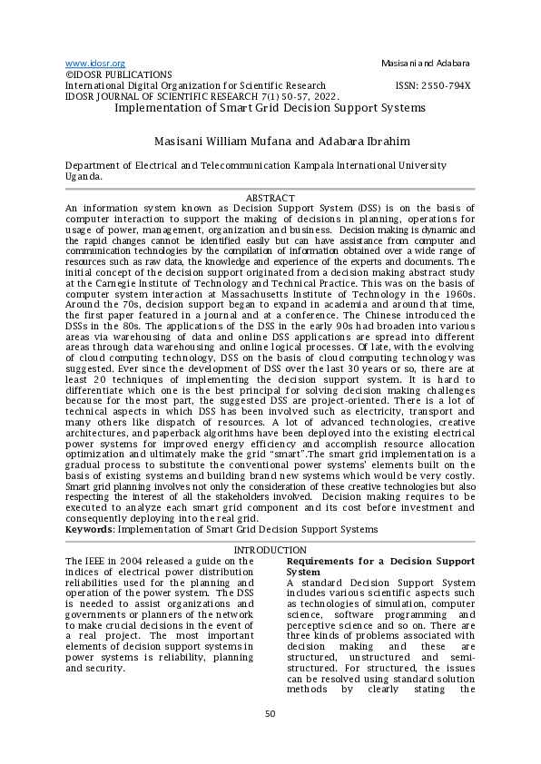 (PDF) Implementation of Smart Grid Decision Support Systems