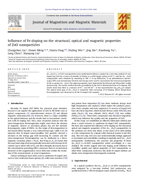 (PDF) Influence of Fe-doping on the structural, optical and magnetic properties of ZnO nanoparticles