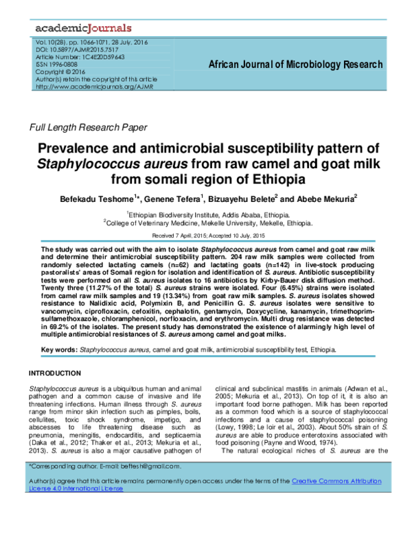 Pdf Prevalence And Antimicrobial Susceptibility Pattern Of Staphylococcus Aureus From Raw