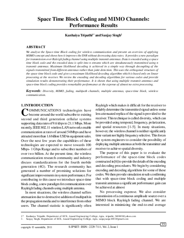 (PDF) Space Time Block Coding and MIMO Channels:Performance Results | Kanhaiya Tripathi ...