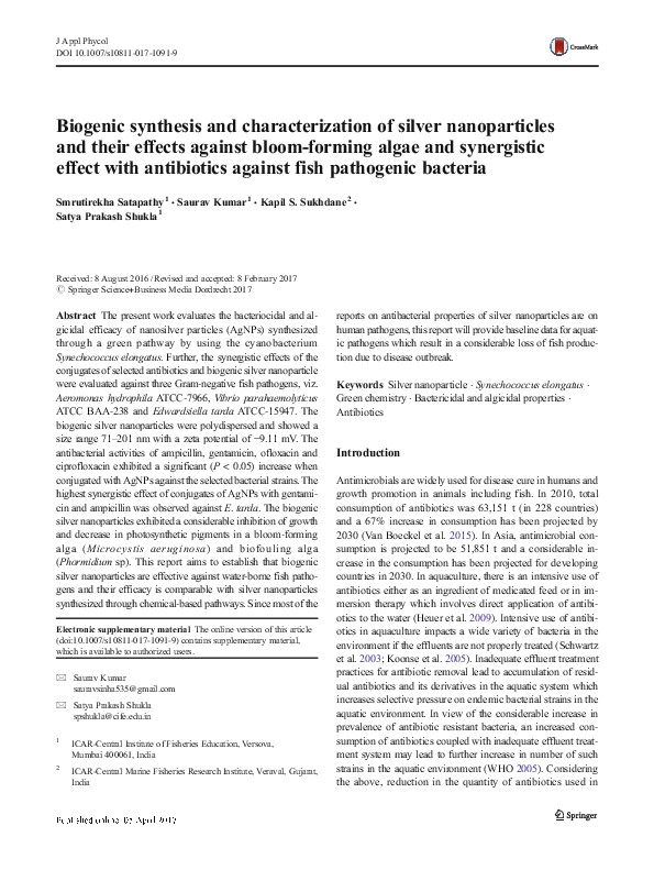 (PDF) Biogenic synthesis and characterization of silver nanoparticles and their effects against ...
