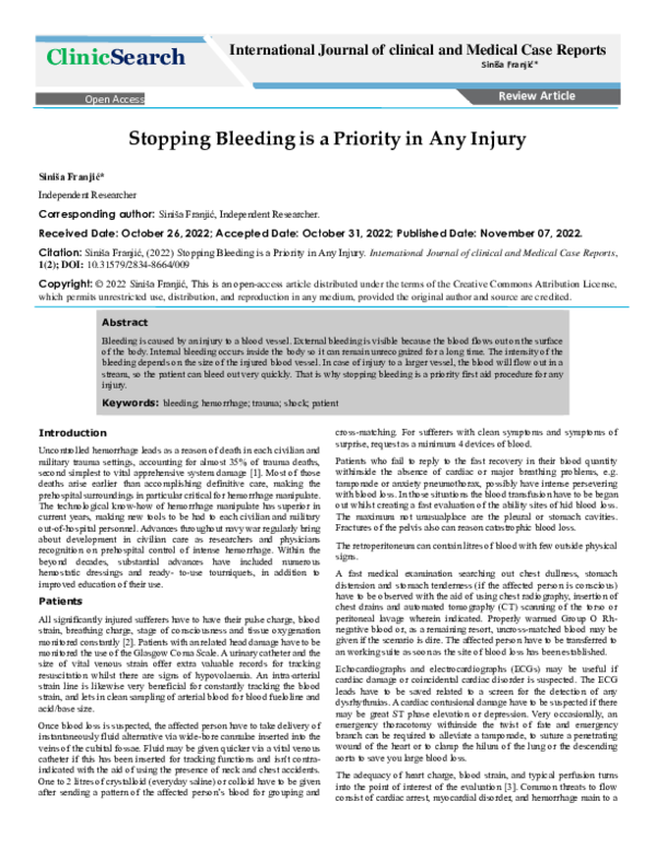 (PDF) Stopping Bleeding is a Priority in Any Injury