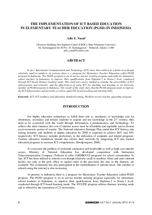 (PDF) The Implementation of Ict Based Education in Elementary Teacher ...