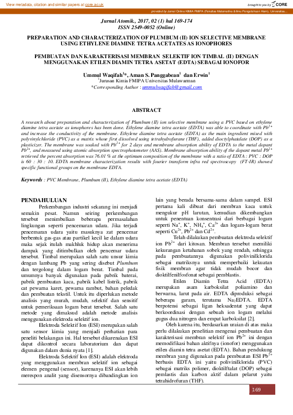 (PDF) Pembuatan dan Karakterisasi Membran Selektif Ion Timbal (II ...