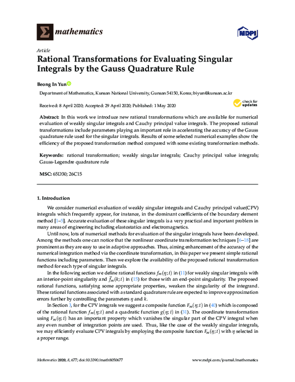 (PDF) Rational Transformations for Evaluating Singular Integrals by the Gauss Quadrature Rule ...