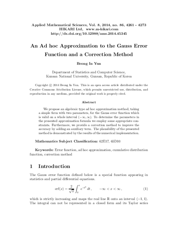 (PDF) An ad hoc approximation to the Gauss error function and a correction method