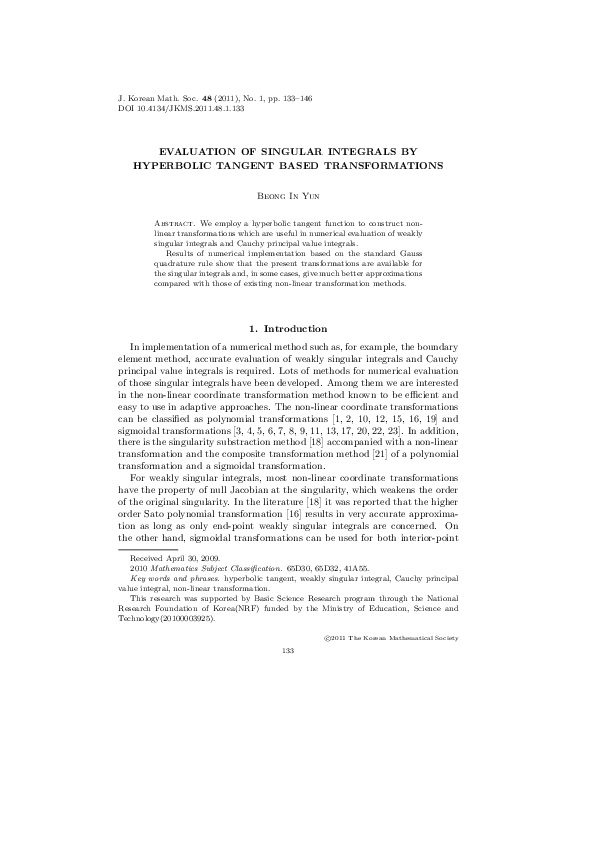 (PDF) Evaluation of Singular Integrals by Hyperbolic Tangent Based ...
