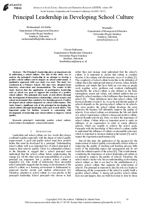(PDF) Principal Leadership in Developing School Culture