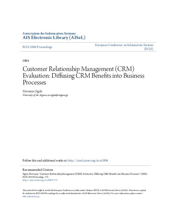 (PDF) Customer relationship management (CRM) evaluation: diffusing CRM benefits into business ...