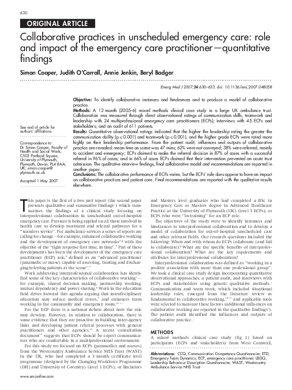 (PDF) Collaborative practices in unscheduled emergency care: role and impact of the emergency ...
