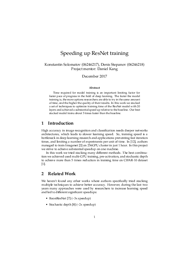 (PDF) Speeding up ResNet training