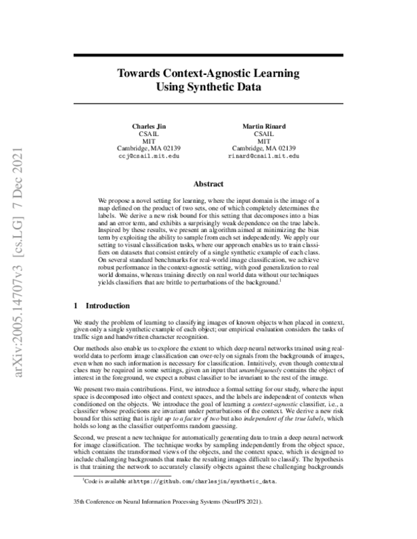 (PDF) Towards Context-Agnostic Learning Using Synthetic Data