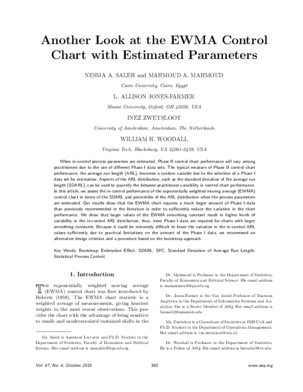 Pdf Another Look At The Ewma Control Chart With Estimated Parameters